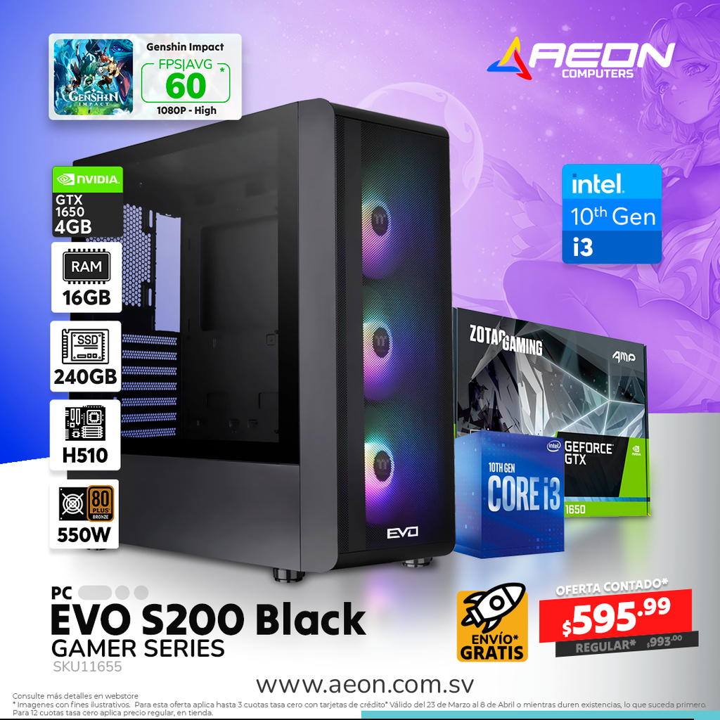 PC EVO GS - S200 Black I3 10100, 16GB DDR4, SSD 240GB, GTX 1650 AMP 4GB, 550W 80+ | AEON