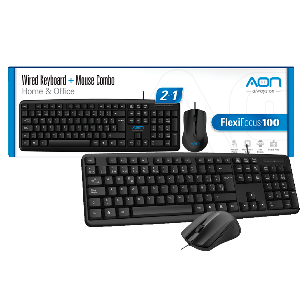 Combo Teclado y Mouse, Ergonomico AON, Español,12 Teclas Multimedia, Conexion USB, FlexiFocus ...